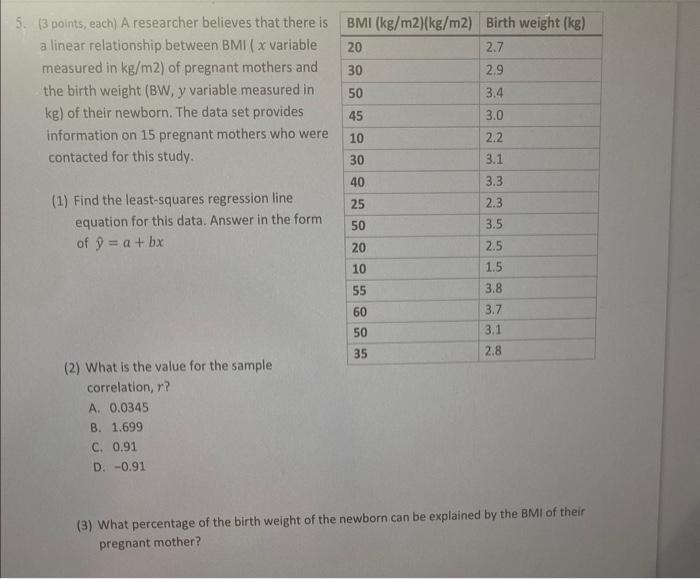 Solved 5. (3 points, each) A researcher believes that there | Chegg.com
