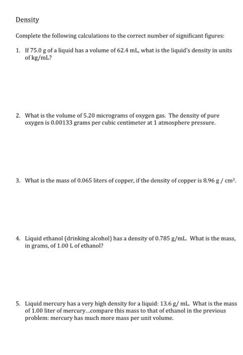 Solved Density Complete the following calculations to the | Chegg.com