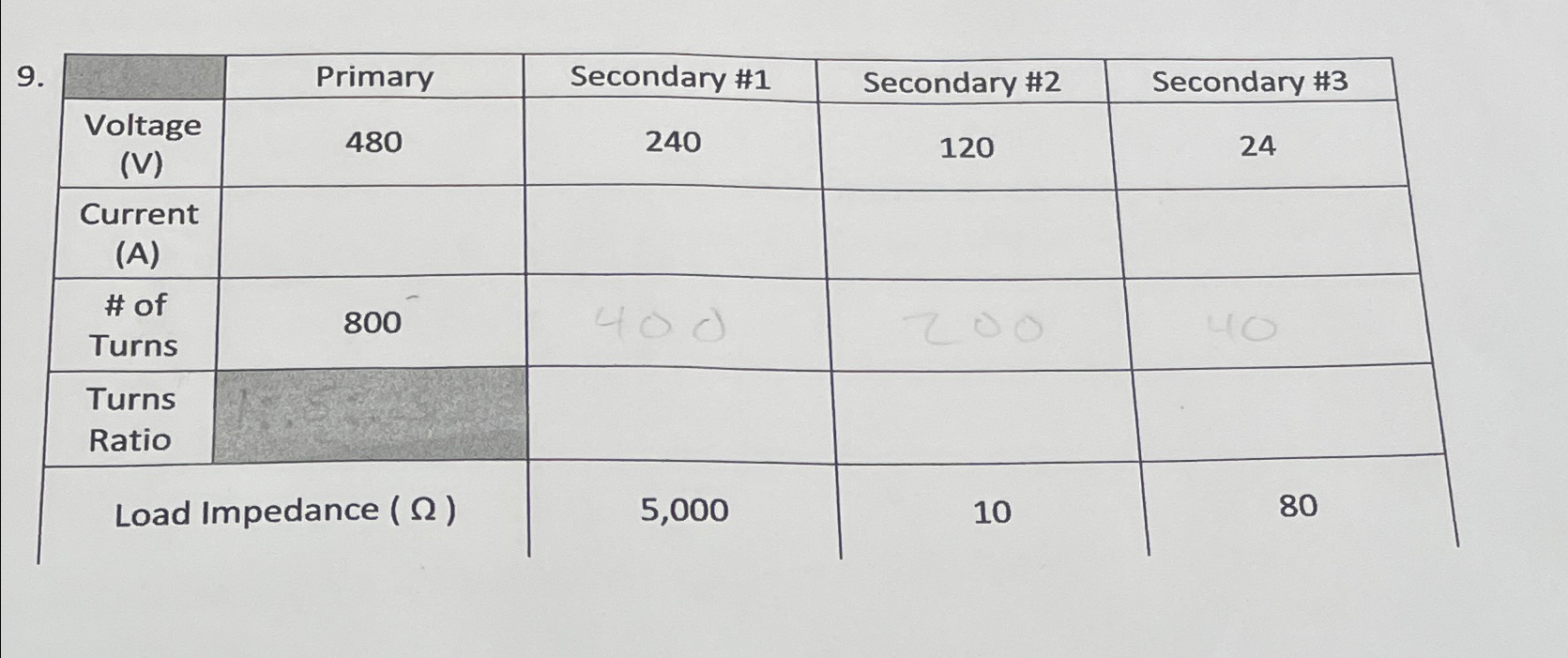 \table[[\table[[Voltage],[(V)]],Primary,Secondary | Chegg.com