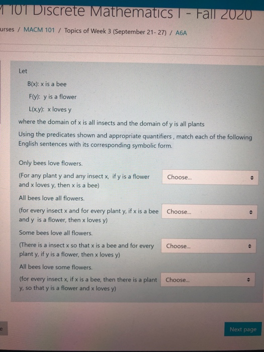 Solved 1 101 Discrete Mathematics - Fall 2020 urses / MACM | Chegg.com