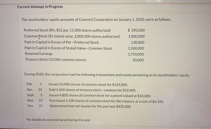 Solved Current Attempt in Progress The stockholders' equity | Chegg.com