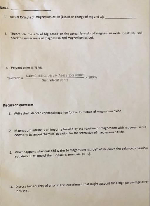 Solved Name: Data Table: Table 1. Mass data for magnesium | Chegg.com