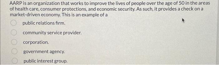 Solved AARP is an organization that works to improve the | Chegg.com