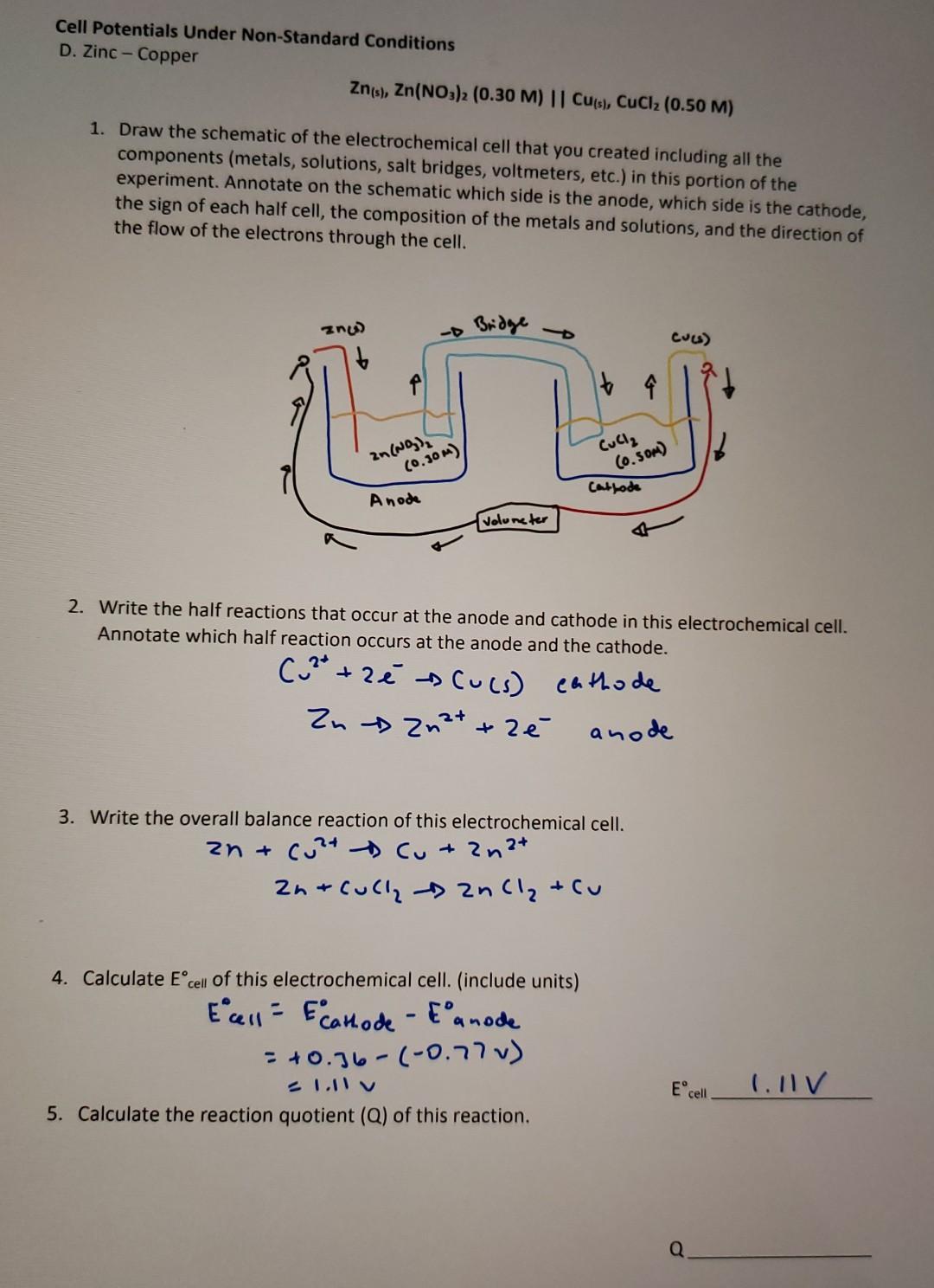 Solved Cell Potentials Under Non-Standard Conditions D. Zinc | Chegg.com