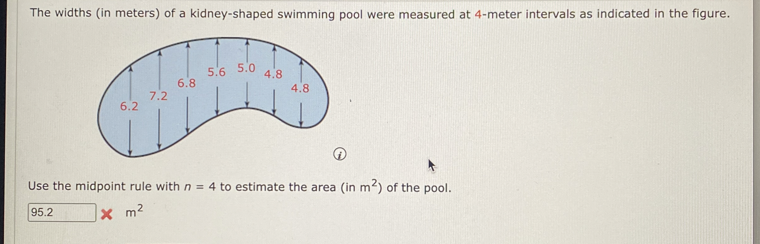 Solved The widths (in meters) ﻿of a kidney-shaped swimming | Chegg.com