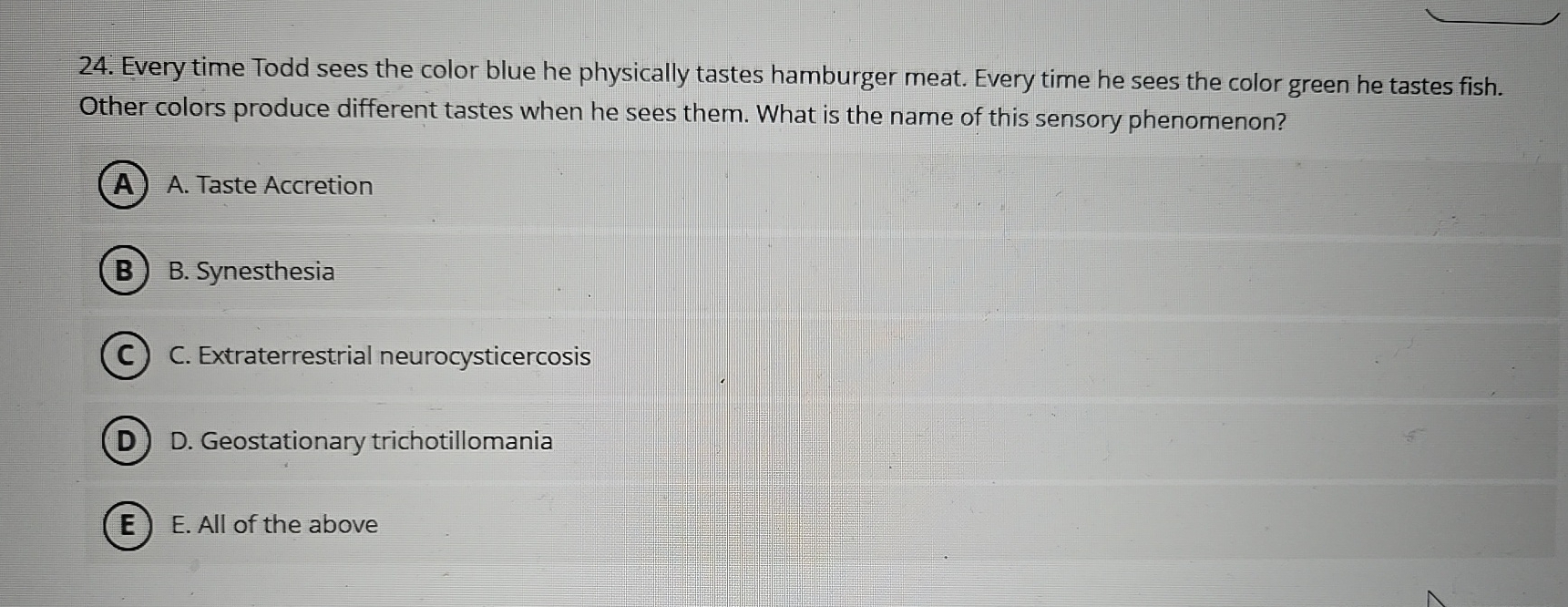 Solved Every time Todd sees the color blue he physically | Chegg.com