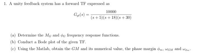 Solved 1. A unity feedback system has a forward TF expressed | Chegg.com