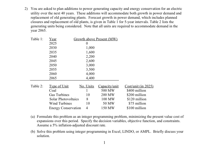 Solved You are asked to plan additions to power generating | Chegg.com
