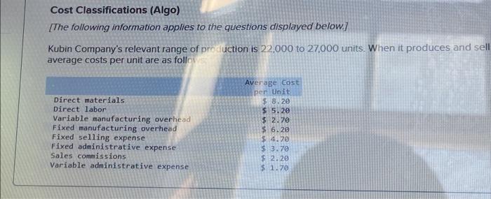 Cost Classifications (Algo) [The following | Chegg.com