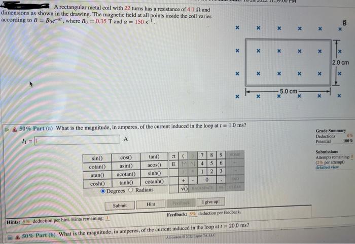 Solved A rectangular metal coil with 22 turns has a | Chegg.com