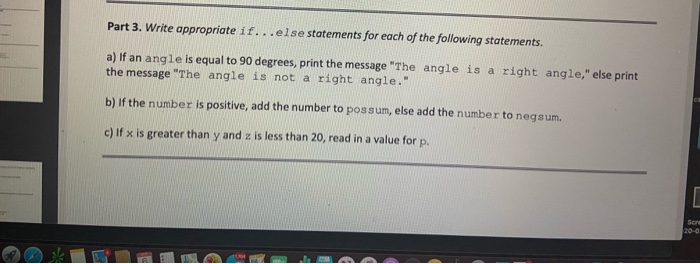 Solved Part 3. Write appropriate if...else statements for | Chegg.com