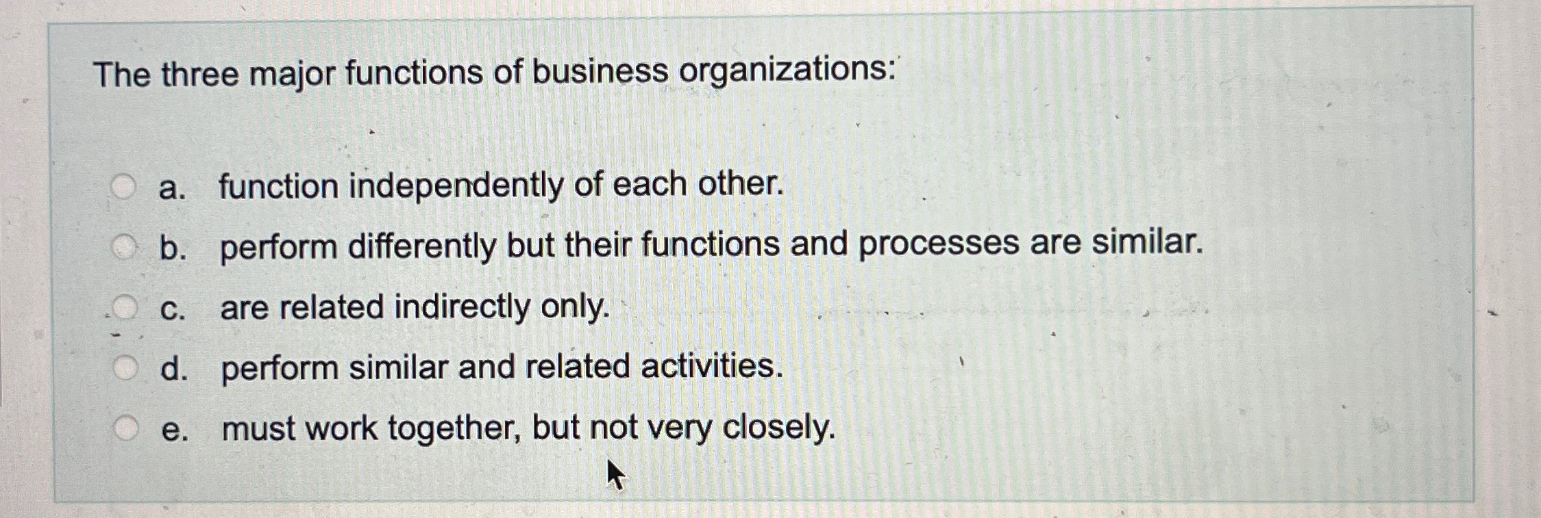 Solved The three major functions of business | Chegg.com