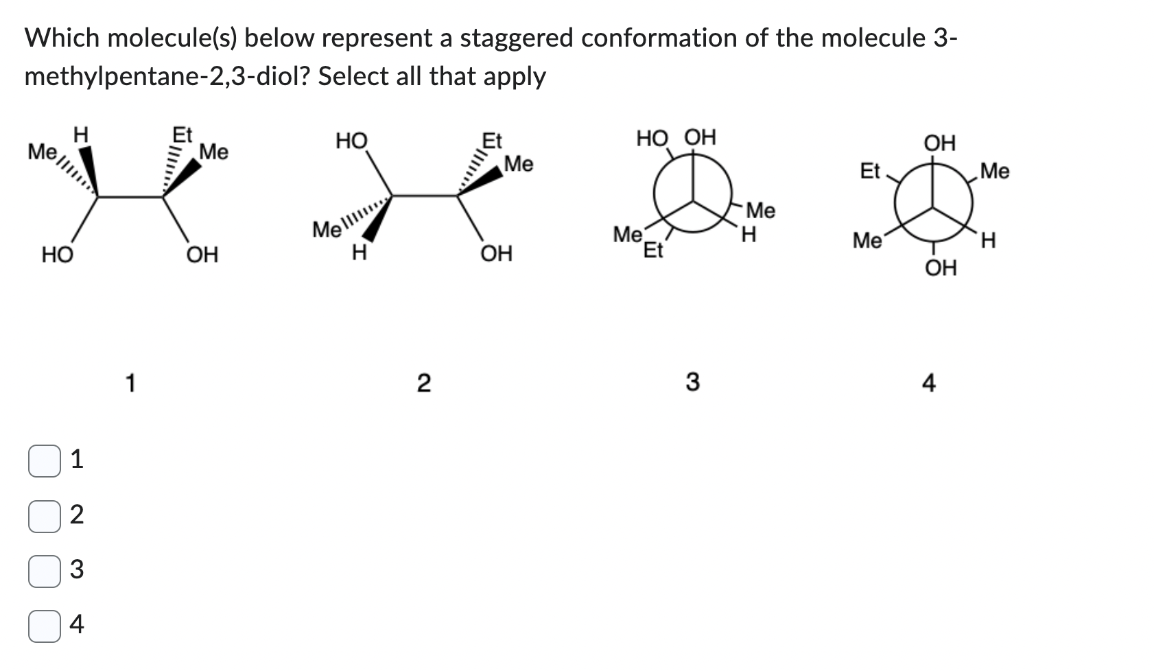 Solved Which molecule(s) ﻿below represent a staggered | Chegg.com