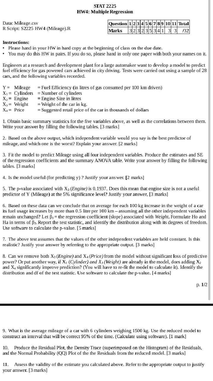 Solved STAT 2225 HW4: Multiple Regression Data: Mileage.csv | Chegg.com