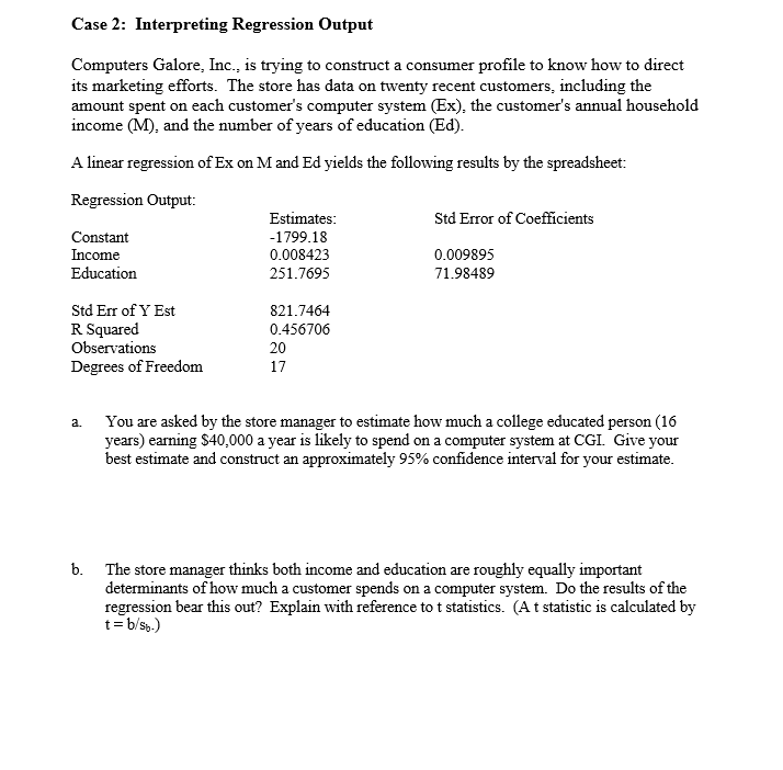 Case 2: Interpreting Regression Output Computers | Chegg.com
