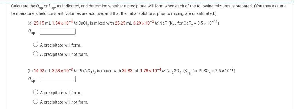 Solved Calculate the Qsp or Ksp as indicated, and determine | Chegg.com
