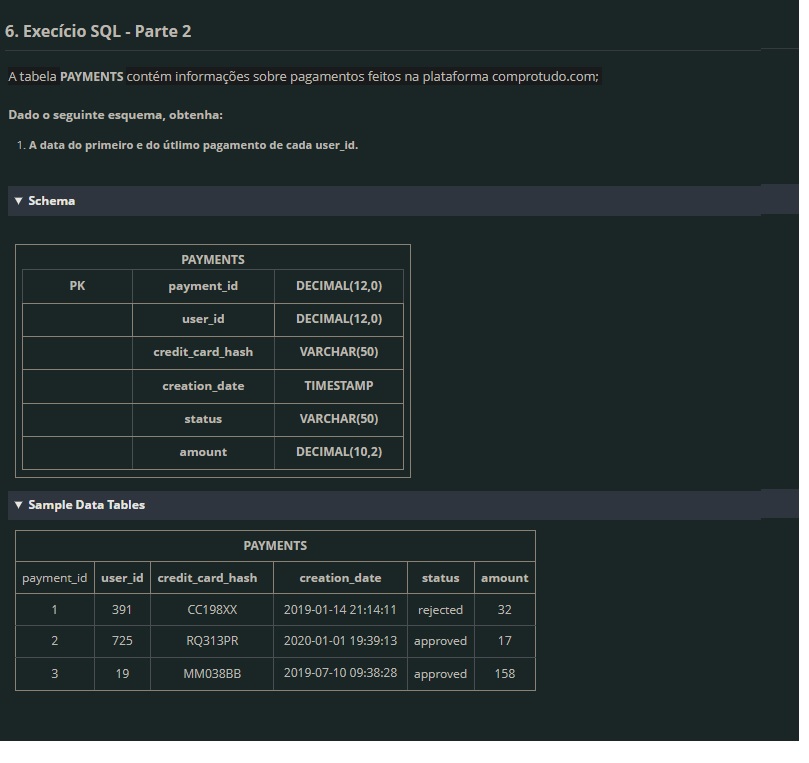 Solved SQL help 2Execício SQL - ﻿Parte 2A tabela PAYMENTS | Chegg.com