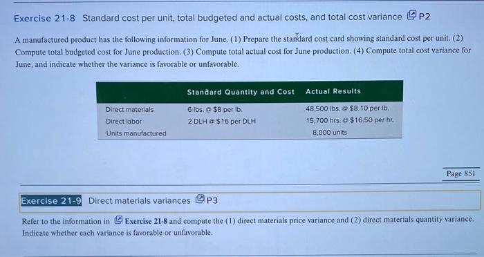 Solved Exercise 21-8 Standard cost per unit, total budgeted | Chegg.com