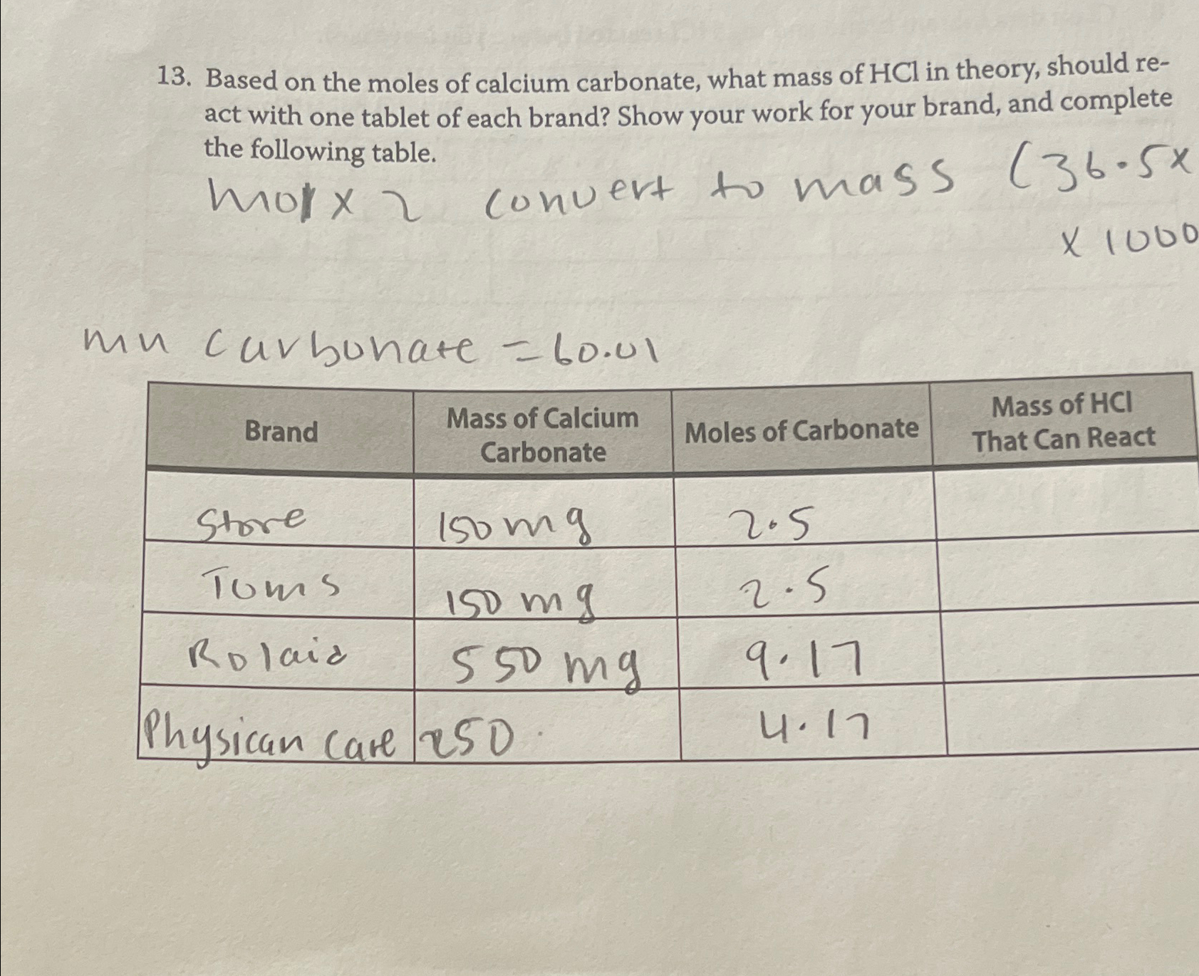 Solved Based on the moles of calcium carbonate, what mass of | Chegg.com