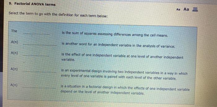 Solved 9. Factorial ANOVA terms Aa Aa E Select the term to | Chegg.com