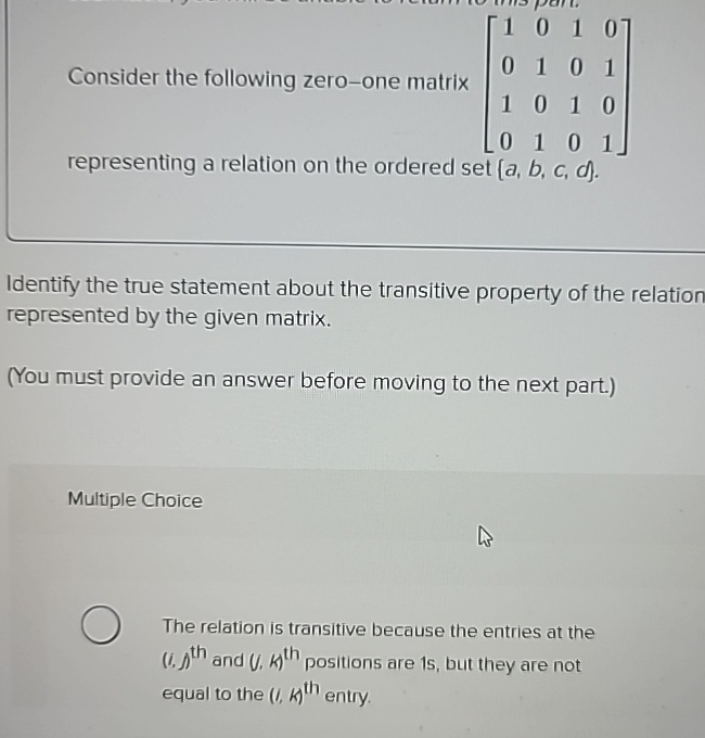 Solved Consider the following zero-one matrix | Chegg.com