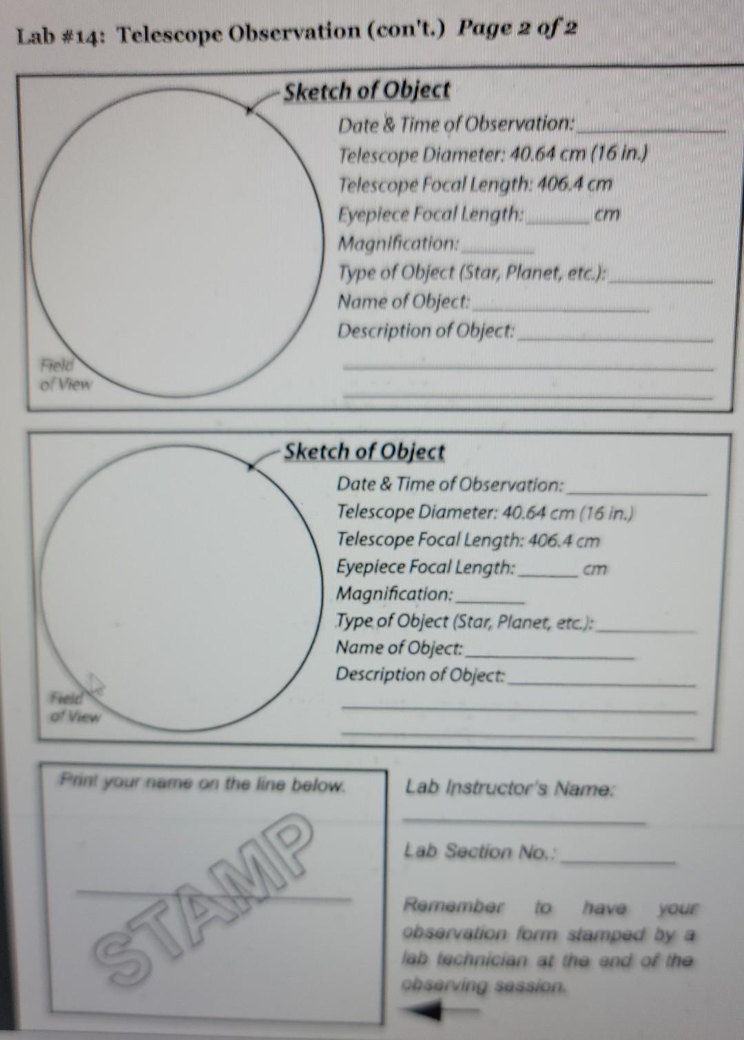 Lab #14: Telescope Observation (con't.) Page 2 of 2 | Chegg.com