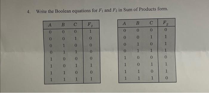 Solved 4. Write the Boolean equations for F1 and F2 in Sum | Chegg.com Solved 4. Write the Boolean equations for F1 and F2 in Sum | Chegg.com