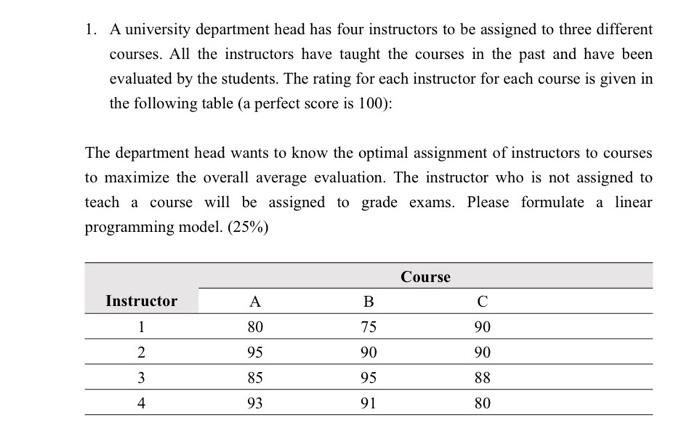 1. A university department head has four instructors | Chegg.com