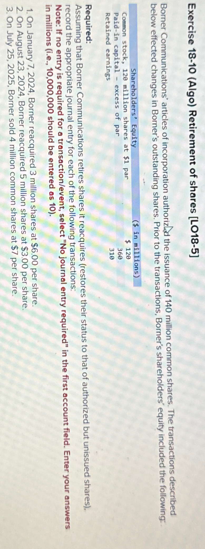 Solved Exercise 18-10 (Algo) ﻿Retirement of shares | Chegg.com