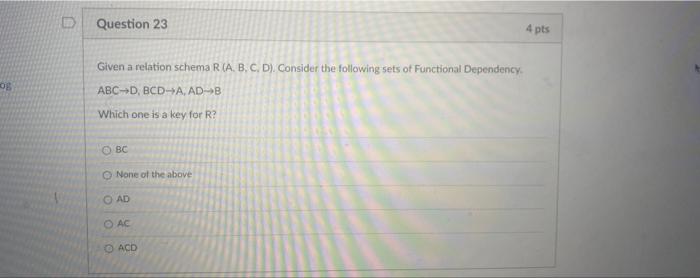 Solved og D Question 23 4 pts Given a relation schema R (A, | Chegg.com
