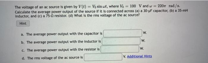 Solved The voltage of an ac source is given by V(t)=V0sinωt, | Chegg.com