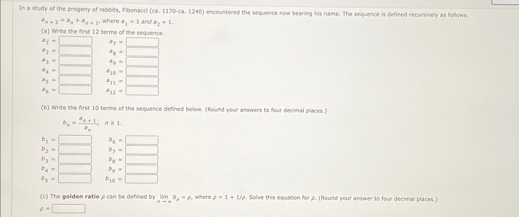 Solved In a study of the progeny of rabbits, Fibonacci | Chegg.com