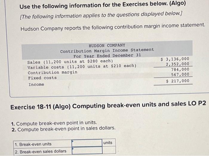 Solved Use the following information for the Exercises | Chegg.com