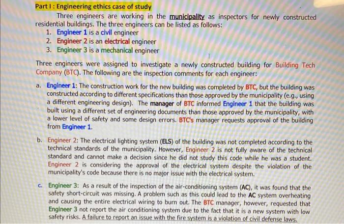 Solved Part I : Engineering ethics case of study Three | Chegg.com