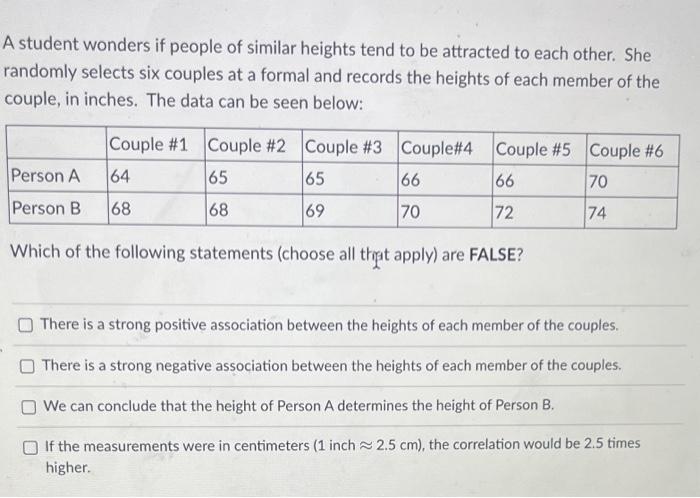 Solved A student wonders if people of similar heights tend | Chegg.com