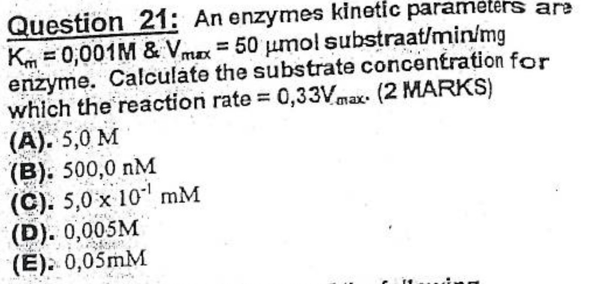 Solved Question 21: An enzymes kinetic parameters are | Chegg.com
