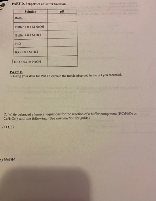 Solved PART D. Properties of Buffer Solution ol Solution pH | Chegg.com