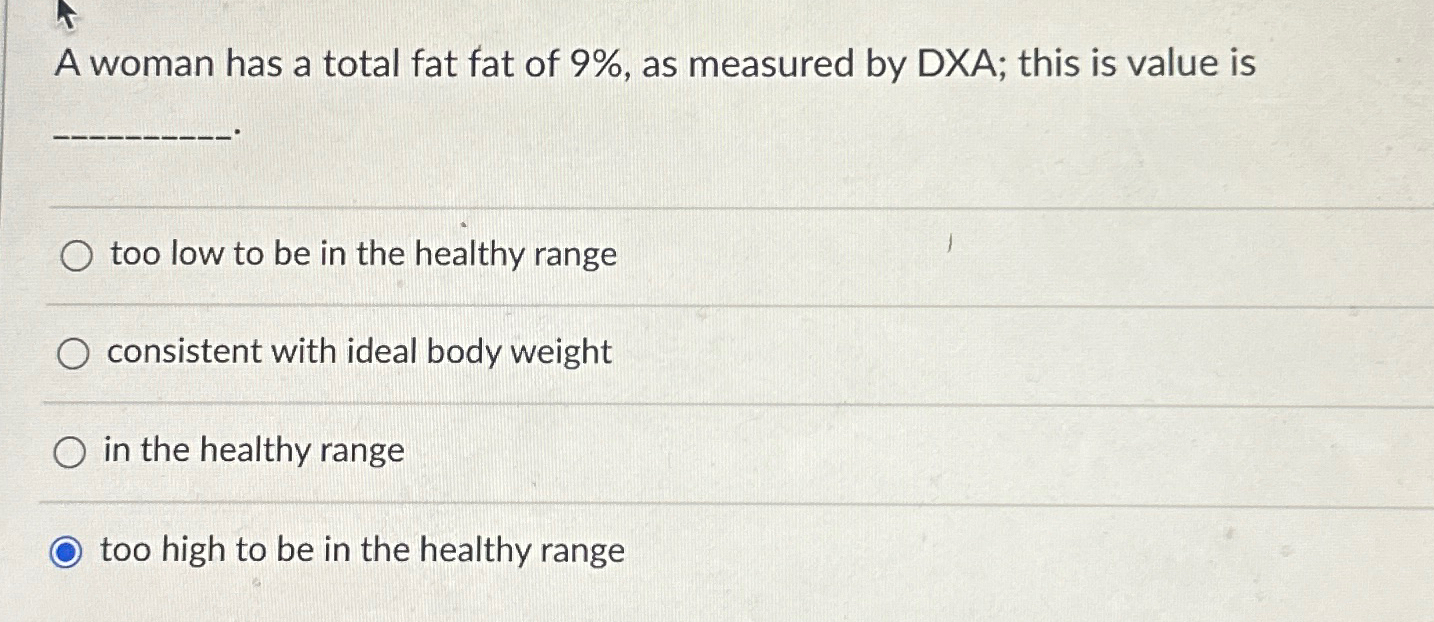 Solved A woman has a total fat fat of 9%, ﻿as measured by | Chegg.com