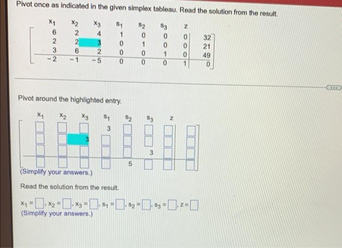 Solved Pivot once as indicated in the given simplex tableau. | Chegg.com