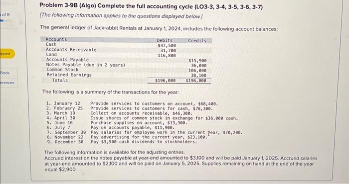 Solved Problem 3-9B (Algo) Complete the full accounting | Chegg.com