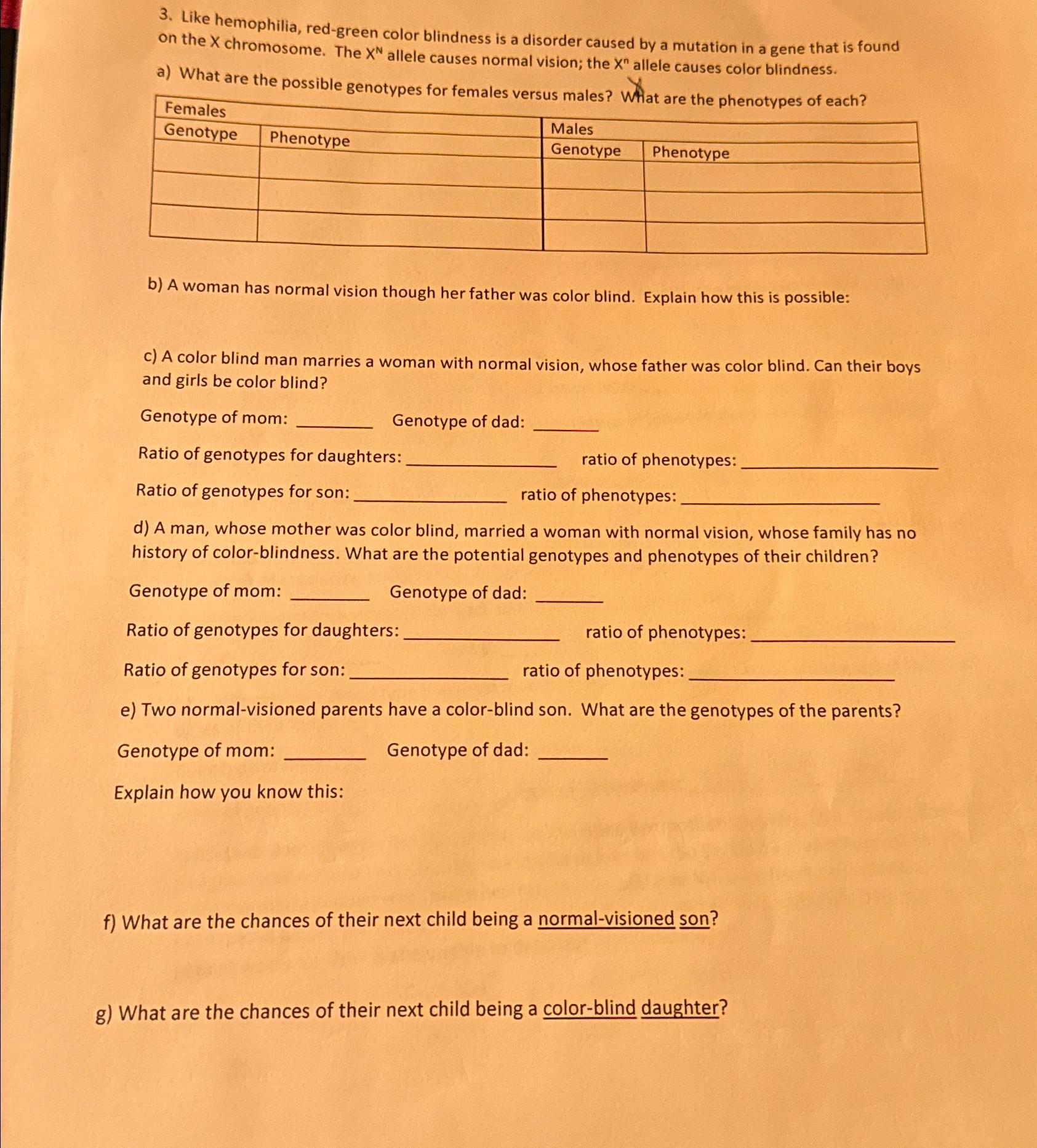 Solved Like hemophilia, red-green color blindness is a | Chegg.com