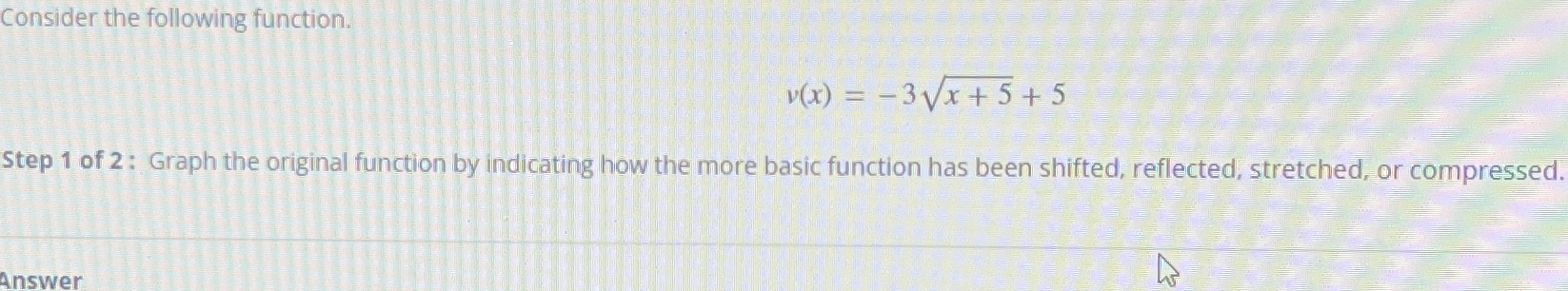 Solved Consider the following function.v(x)=-3x+52+5Step 1 | Chegg.com