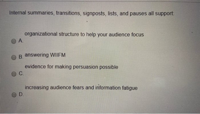 Solved Internal summaries, transitions, signposts, lists, | Chegg.com