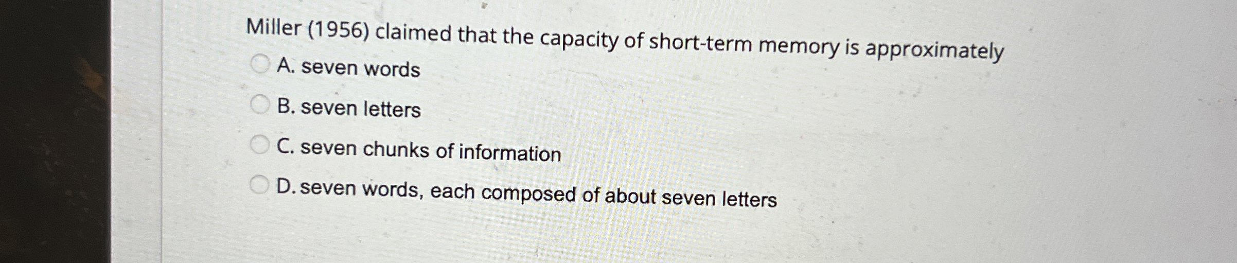 Solved Miller (1956) ﻿claimed that the capacity of | Chegg.com