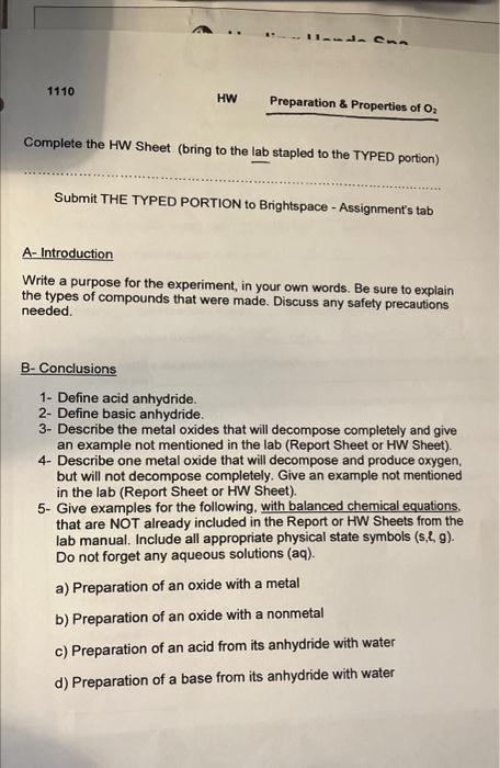 Solved Complete the HW Sheet (bring to the lab stapled to | Chegg.com