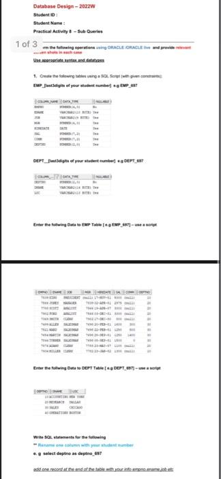 Database Design -2022W Student Student Name: | Chegg.com