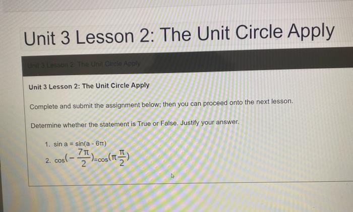 Solved Unit 3 Lesson 2: The Unit Circle Apply Unit 3 Lesson | Chegg.com