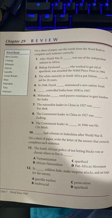 On a sheet of paper, use the words from the Word Bank | Chegg.com