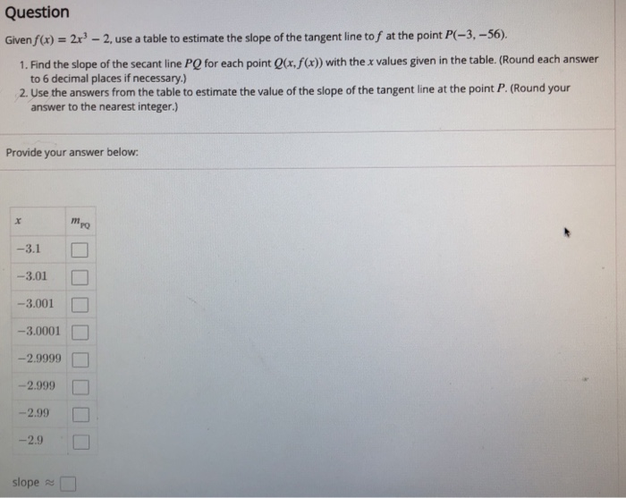 Solved Given f(x)= 2x^3-2 use a table to estimate the slope | Chegg.com
