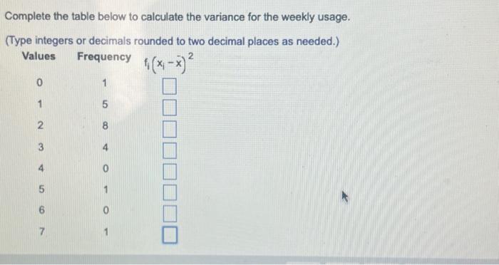 Solved Complete the table below to calculate the variance | Chegg.com